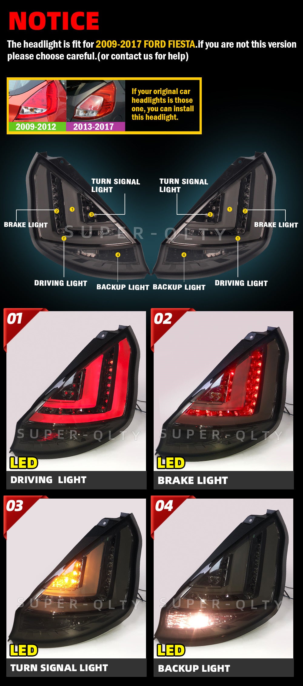 Ford Fiesta 2009-2012 2013-2017 Modified Tail light,Brake & Rear Fog L ...